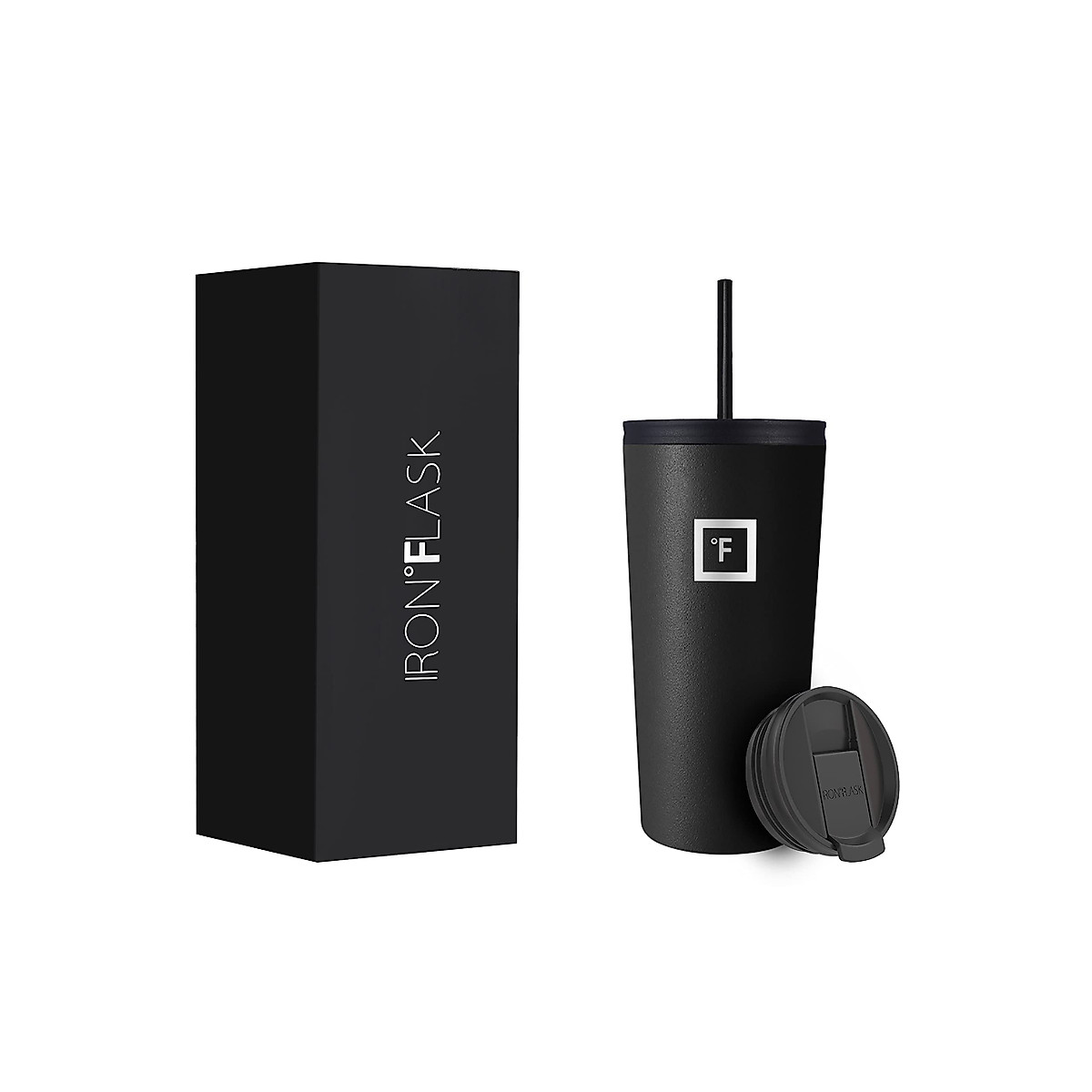 IRON °FLASK Classic Tumbler 2.0-2 Lids (Straw/Flip), Vacuum Insulated Stainless Steel Water Bottle, Double Walled, Thermo Travel Mug - Midnight Black, 20 Oz, Valentines Day Gifts