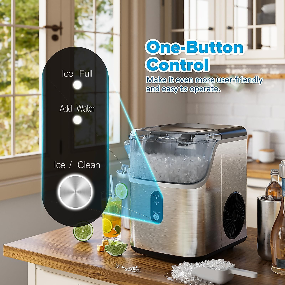 Kikihuose Nugget Countertop Ice Maker with Soft Chewable Pellet Ice, Portable Pebble Ice Machine 33lbs/24H, Self-Cleaning, Sonic Ice, One-Click Operation, for Kitchen, Office- Stainless Steel Silver