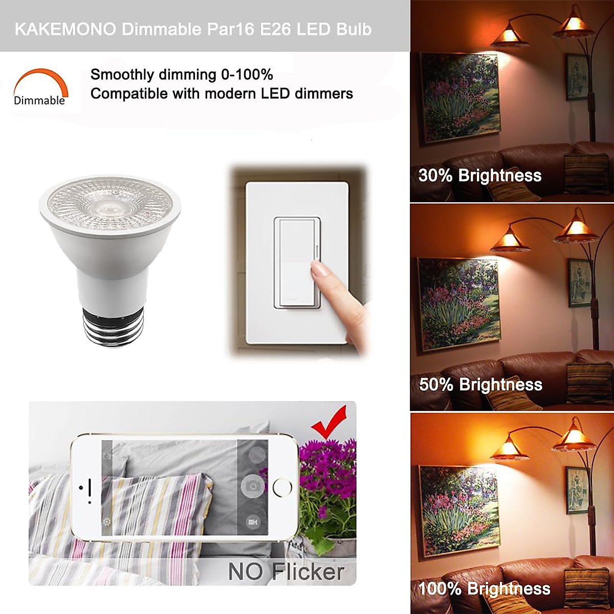 KAKEMONO PAR16 LED Bulbs Dimmable 5W Long Neck Spotlight,E26 Medium Base for Track Recessed Lighting Warm White 2700K,Pack of 6