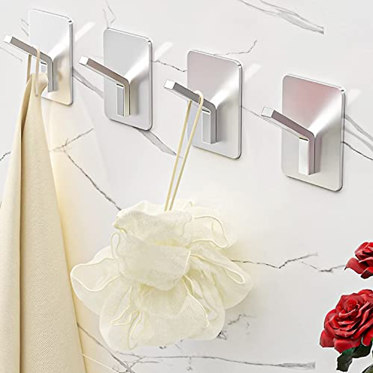 YAYINLI Towel Hooks - Adhesive Wall Hooks for Hanging Coat Robe Towels Hook, Heavy Duty Hooks Stick on Bathroom Bedroom Kitchen, Stainless Steel Rustproof Shower Hooks, 4 Pack