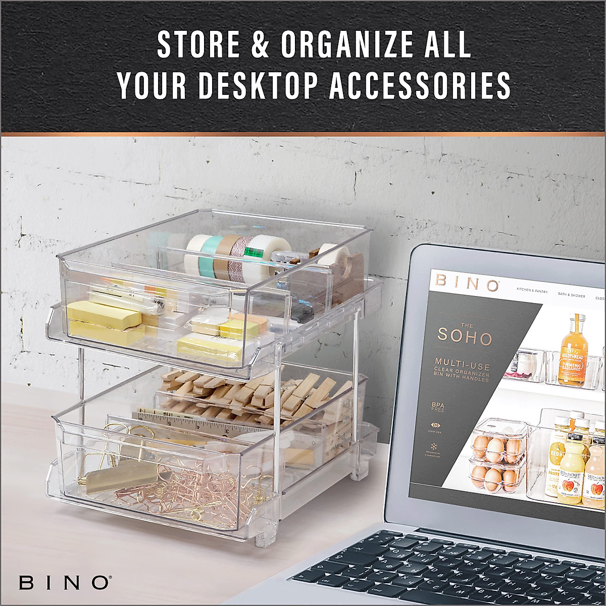 BINO 2 Tier Clear Storage Organizer with Dividers | Slide Out Drawer for Under Sink or Medicine Cabinet | Bathroom Closet, Vanity, Pantry Organizer | Under Cabinet Storage for Bathroom and Kitchen