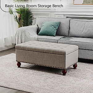 Asense Storage Ottoman Bench, 40'' Linen Fabric Rectangle Upholstered Bench with Hinged Lid for End Foot of Bed, Living Room, Bedroom, Noble Light Gray