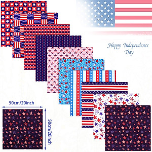 Tatuo 10 Pcs 20 x 20 in Patriotic Fabric Bundle 4th of July Quilting Fabric Memorial Day Fabric Squares Independence Day Print Fabric American Flag Pattern Polyester Cotton Fabric DIY Craft Patchwork