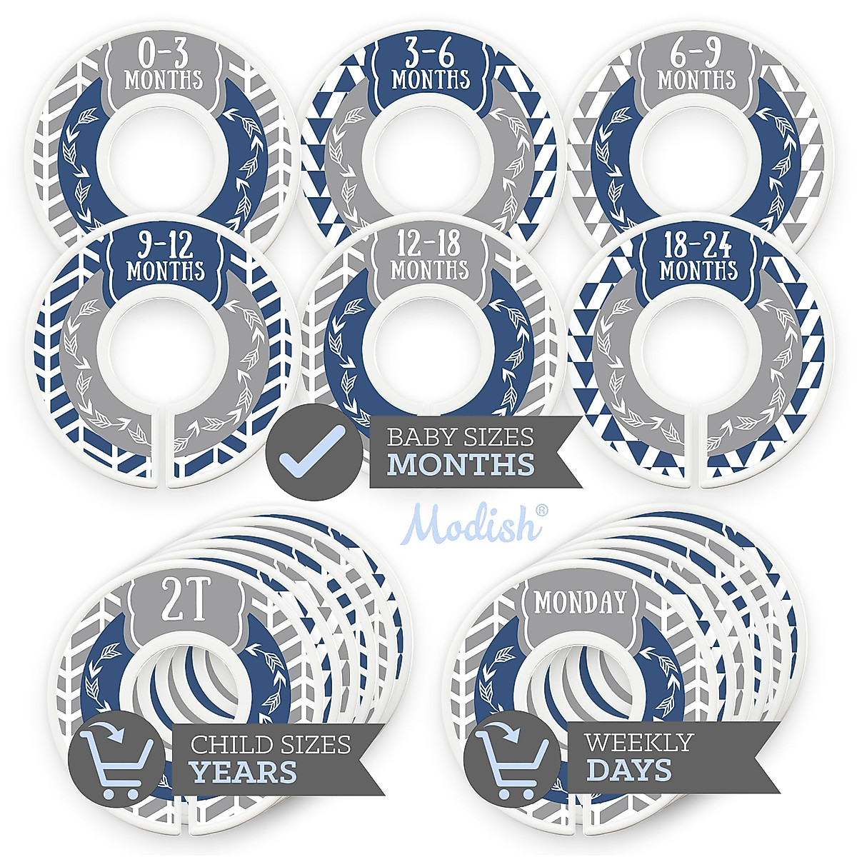 Modish Labels Baby Clothes Size Dividers, Baby Closet Organizers, Size Dividers, Baby Closet Organizers, Closet Dividers, Clothes Organizer, Boy, Woodland, Arrows, Tribal, Navy Blue, Grey, Gray (Baby)
