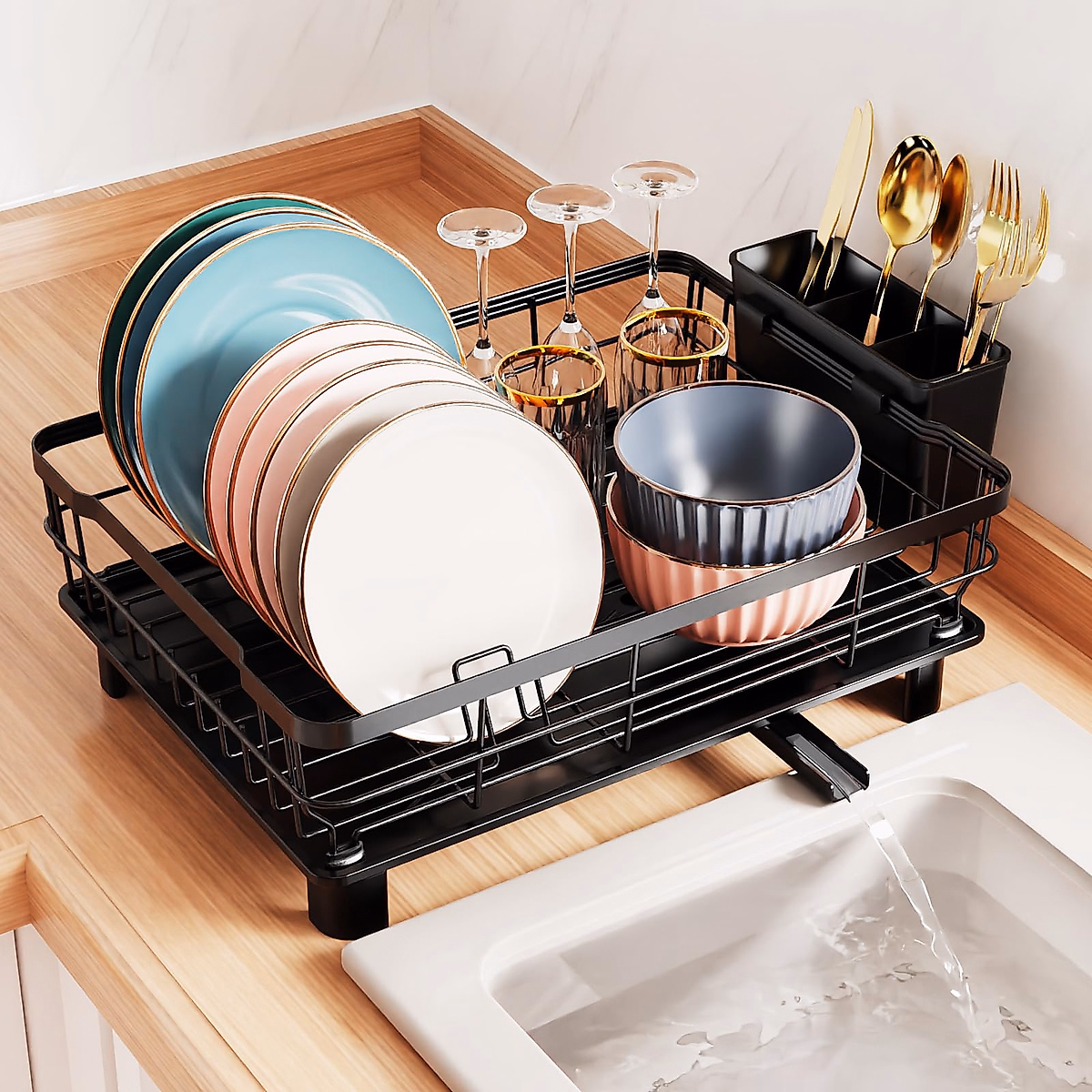 GSlife Dish Drying Rack with Drainboard - Dish Racks for Kitchen Counter, Metal Dish Drainer with Utensil Holder, No Drain Spout, White