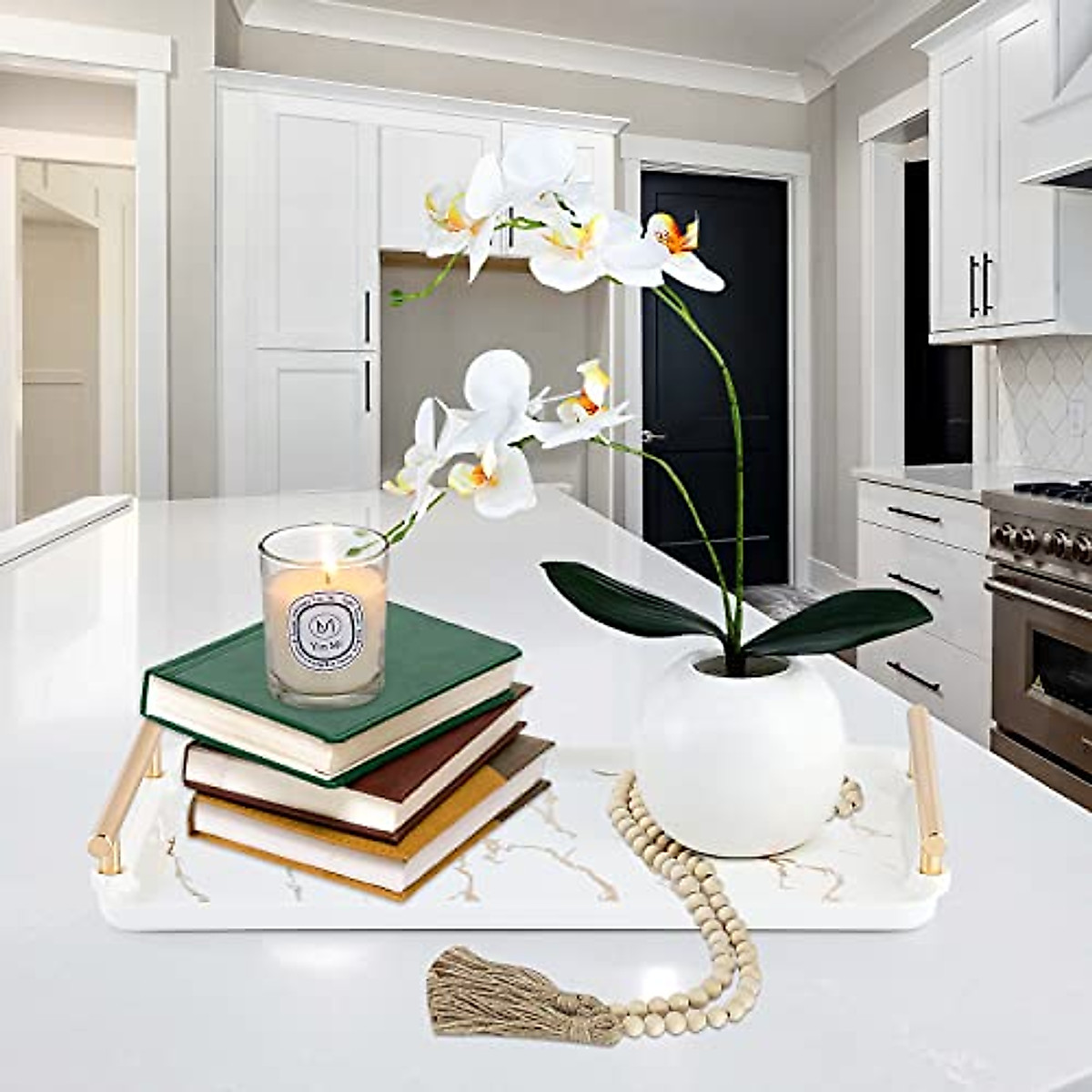 Ottoman Coffee Table Serving Tray, Large White Ceramic Decorative Trays for Coffee Table, Entryway Table, Console Table, Kitchen Island, Organizer Vanity Tray for Jewelry & Perfume (Gold Foiling)