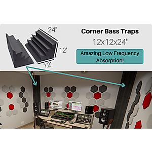 Color Acoustic Foam Bass Traps, Bulk 24” x 12” x 12” XL Soundproofing Studio Foam Bass Trap Bundle (4 Pack, Charcoal)