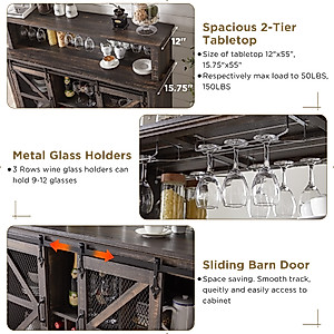 OKD Farmhouse Coffee Bar Cabinet with LED Lights, 55" Wine Bar Cabinet w/Sliding Barn Door & Wine and Glass Rack, Kitchen Buffet Cabinet w/Storage Shelves for Dining Room,Dark Rustic Oak