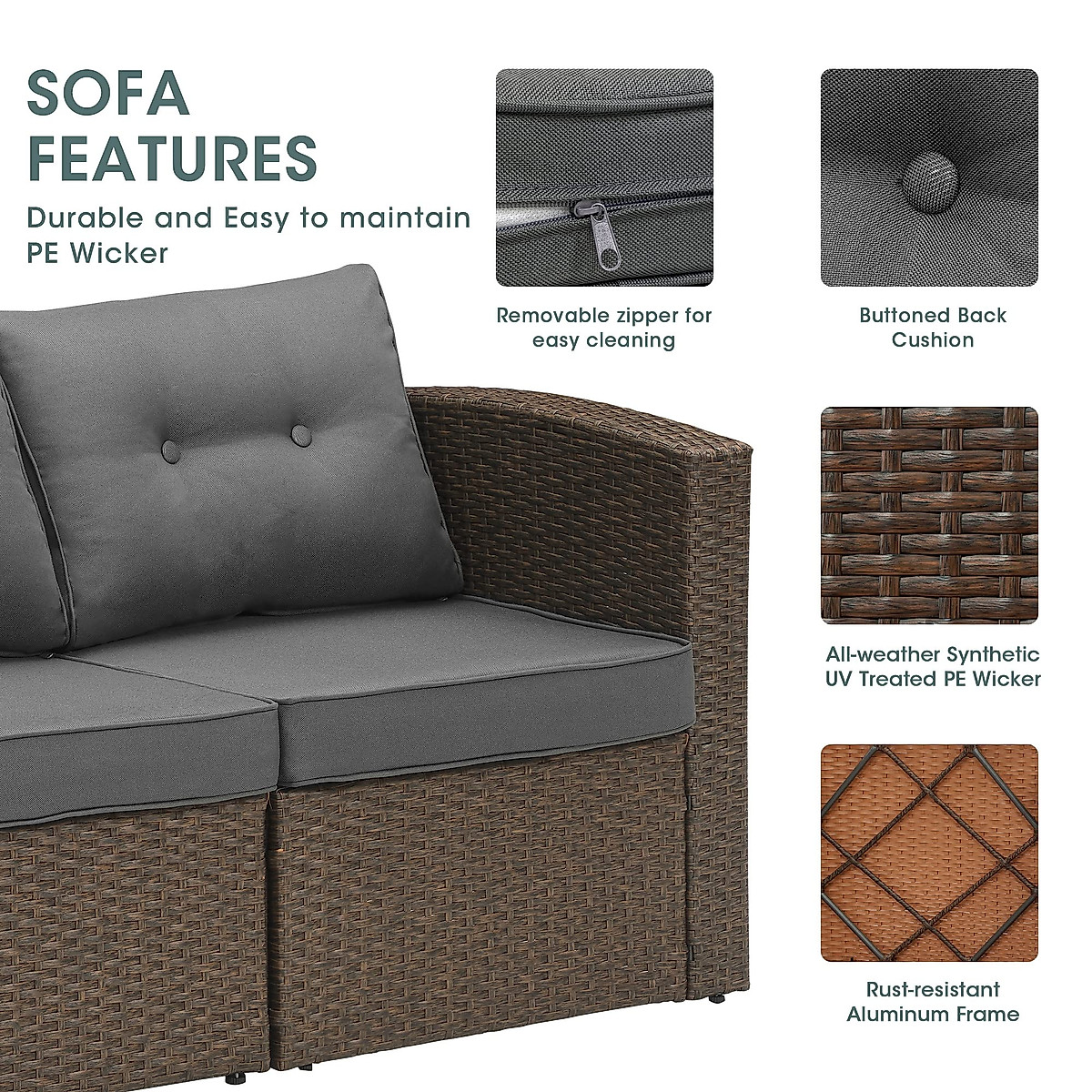 Outdoor Loveseat Patio Furniture Corner Sofa, All-Weather Brown Wicker 2-Piece Rattan Outdoor Sectional Couch Sofa Set with Dark Grey Non-Slip Cushions,Aluminum Frame