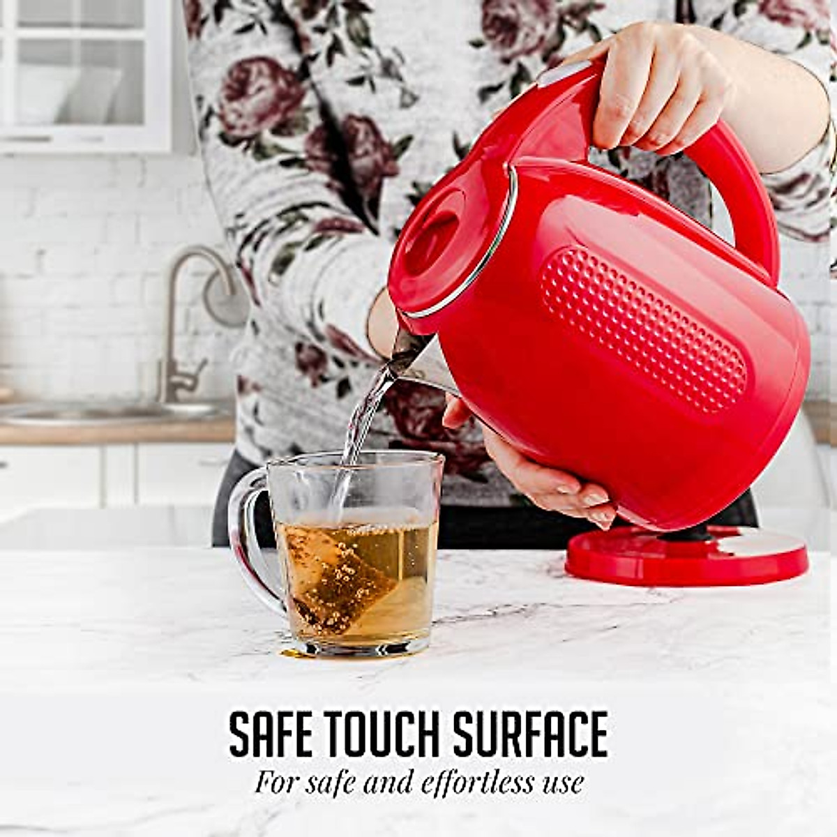 OVENTE Portable Electric Kettle Stainless Steel Instant Hot Water Boiler Heater 1.7 Liter 1100W Double Wall Insulated Fast Boiling with Automatic Shut Off for Coffee Tea & Cold Drinks, Red KD64R