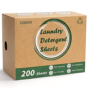 Zimwin Laundry Detergent Sheets, 200 Count, Fragrance Free, Eco-Friendly, Plastic-Free, Hypoallergenic, Liquidless Washing Supplies for Dorm Travel Camping