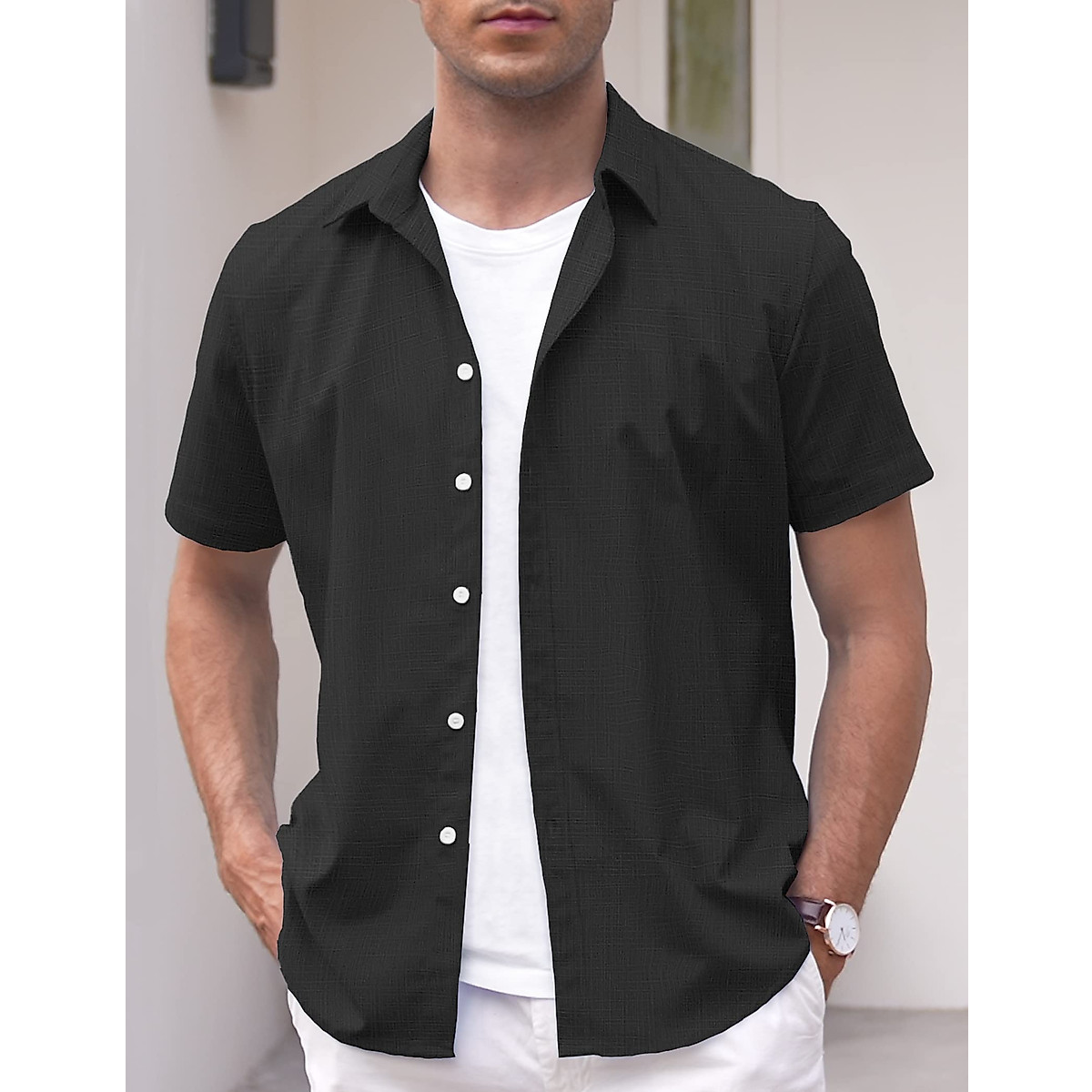 COOFANDY Men's Linen Short Sleeve Business Summer Shirt Fitted Untucked Button Shirt Black