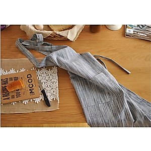 BBYBBS Linen Pinafore Apron Japan Style Mediumweight Japanese Apron Cross Apron No Tie Apron Double Front Large Size Pockets Halter Cross Bandage Aprons (blue)