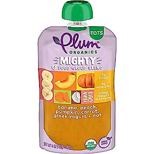 Plum Organics Mighty 4 Organic Toddler Food - Banana, Peach, Pumpkin, Carrot, Greek Yogurt, and Oat - 4 oz Pouch (Pack of 6) - Organic Fruit and Vegetable Toddler Food Pouch
