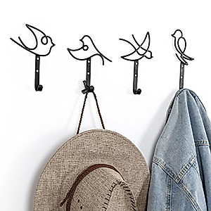 MyGift Wall Mounted Matte Black Metal Coat Hooks with Wire Frame Stenciled Birds, Hanging Storage Key and Hat Rack, Set of 4