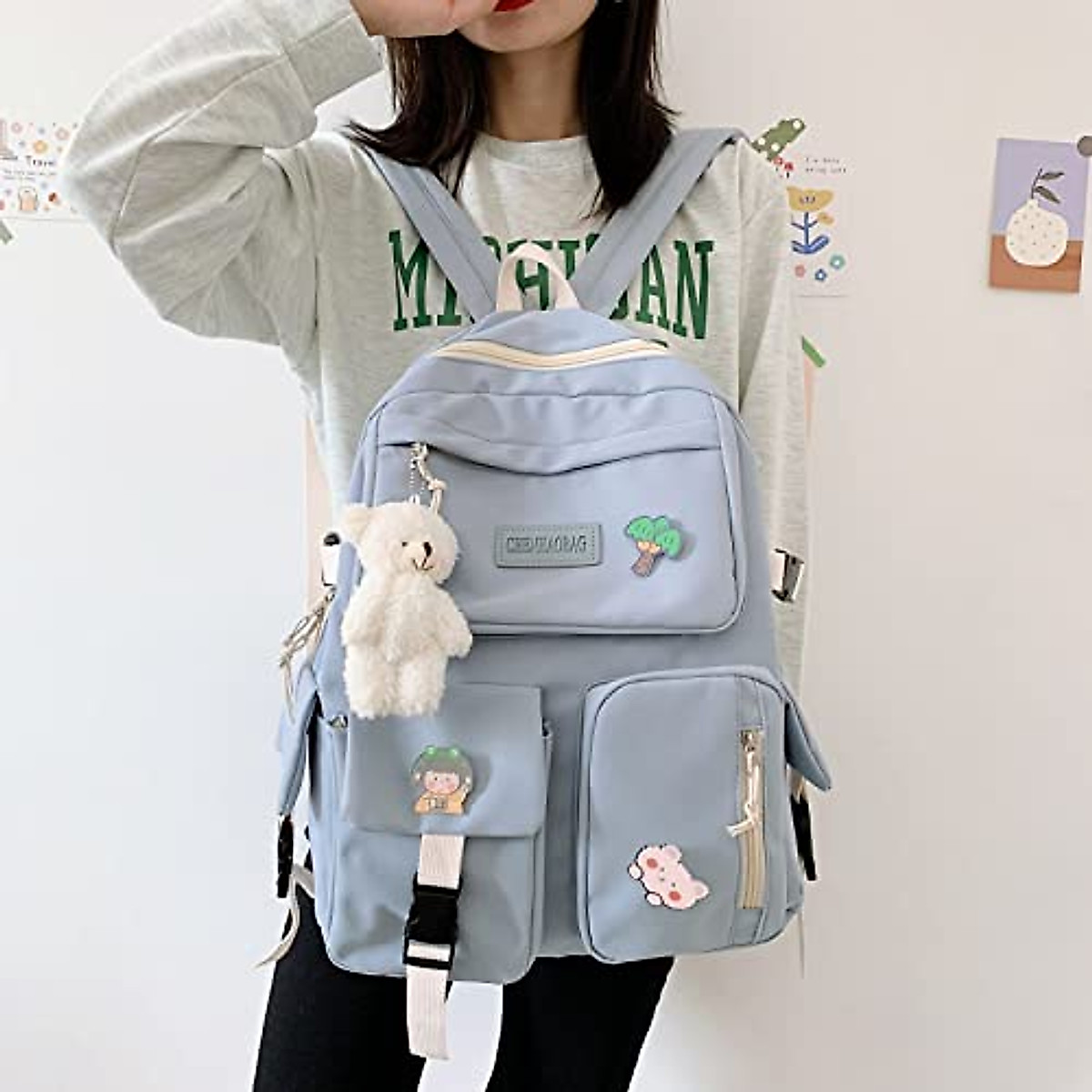 Kawaii Kids Backpacks for Girls with Cute Bear Accessories, Teen Laptop Backpack for Back to School Supplies Student Bookbag(Blue)