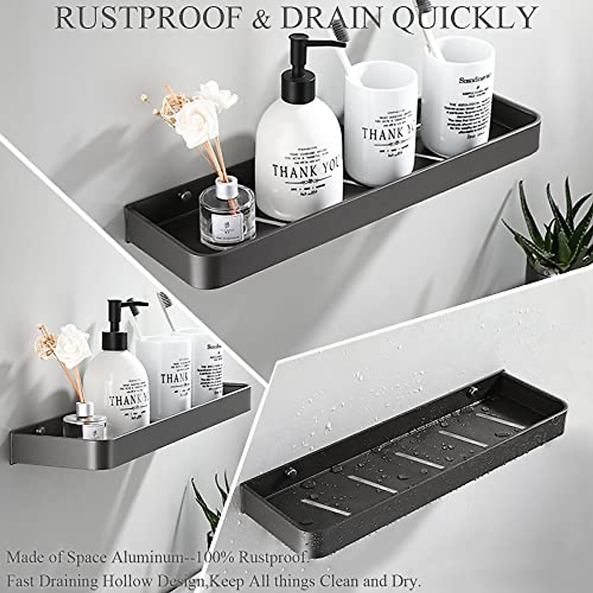 IUKPPTUI Bathroom Shelf Wall Mounted Decor Shower Rack Cosmetics Organizer Aluminium Floating Shelves for Kitchen Storage Black