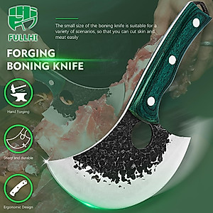 FULLHI Portable 14/15pcs Butcher knife set cleaver green woodhandle with bag Hand Forged chef knife Boning Knife High Carbon Steel viking knife set For Kitchen