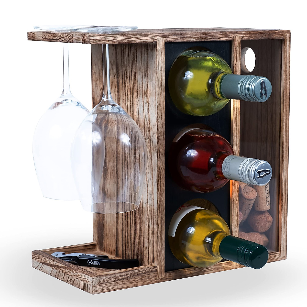 Rustic State Rias Countertop Wood Wine Rack for 3 Bottles and 2 Stemware Glass Holder Cork Storage Tabletop Tray Freestanding Organizer - Home, Kitchen, Dining Room Bar Décor - Burnt Brown