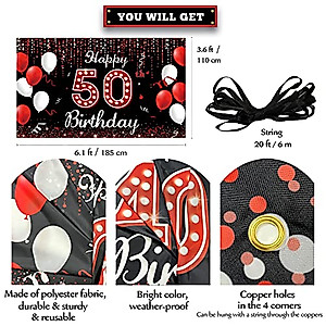 50th Birthday Decoration Backdrop Banner, Happy 50th Birthday Decorations for Women, Red Black white 50 Years Old Birthday Party Photo Booth Props, 50 Birthday Sign for Outdoor Indoor, Fabric Vicycaty
