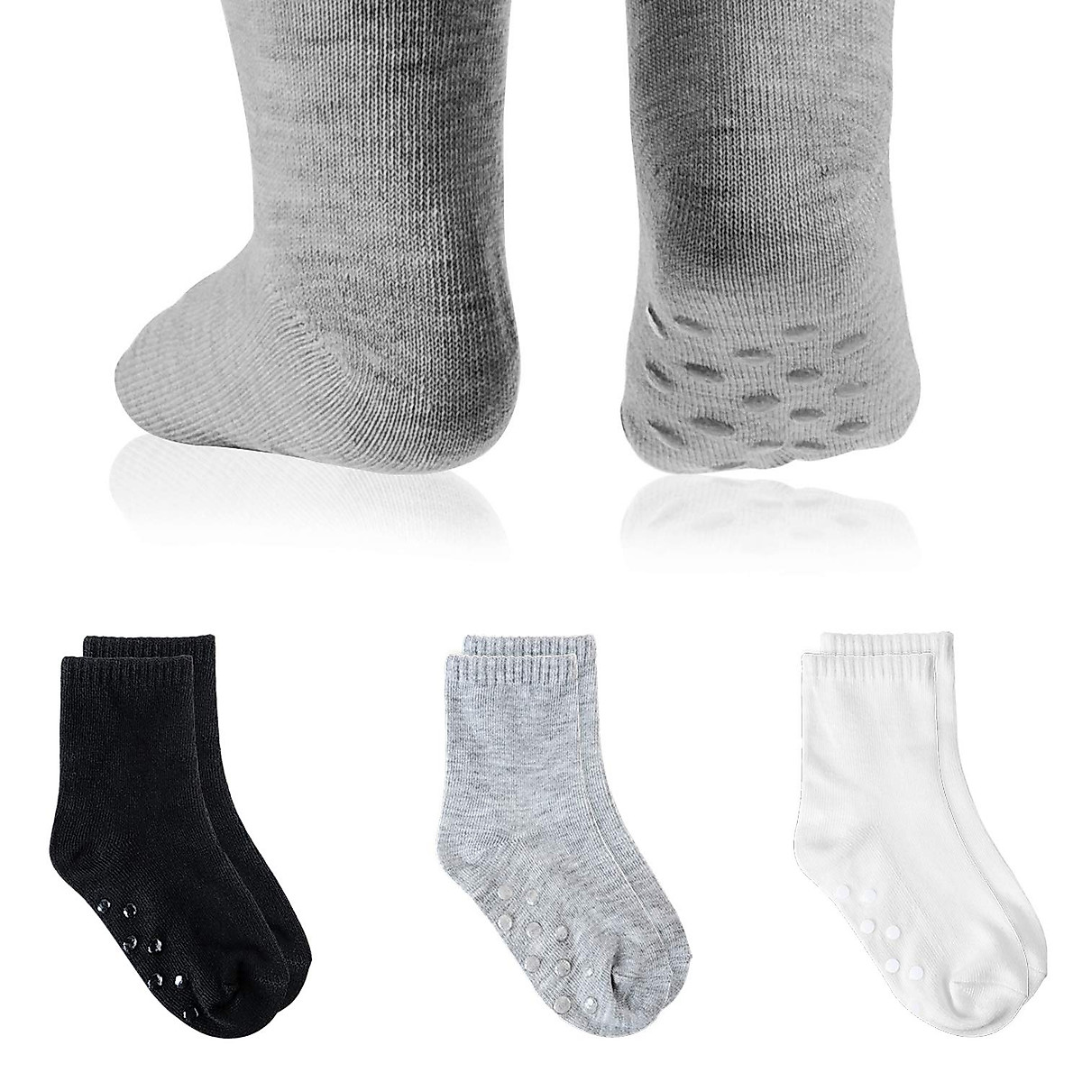 Tenpluszero 12 Pairs Non Slip Toddler Socks Crew Socks with Grips for Baby Boys Girls (Black,White,Grey, 2T/4T)