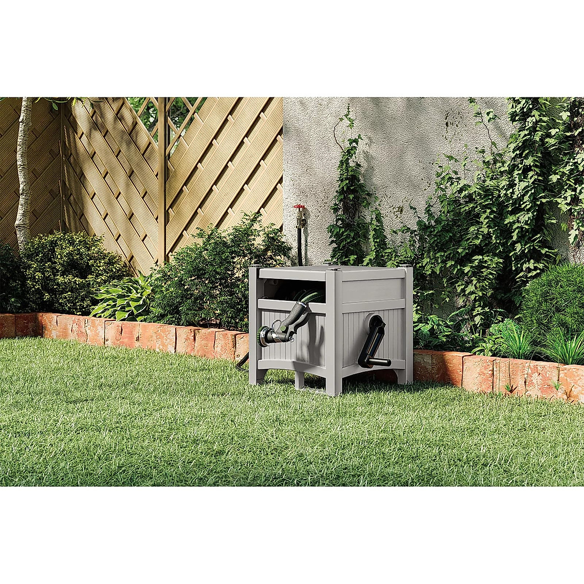 Hose Reel Resin Hose Reel Cart 100 ft Outdoor Hose Storage Reel with Crank Handle, Lid, and Slide Trak Guide 100' Hose Capacity