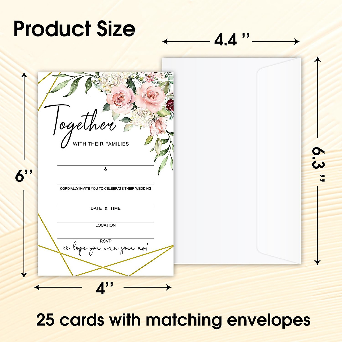 WwongxianB Set of 25 Wedding Rose Floral Glitter Invitations with Envelopes, Modern Invites for Bridal Shower, Wedding Shower Reception, Evening Invitations, Fill in Style Invites Cards -007