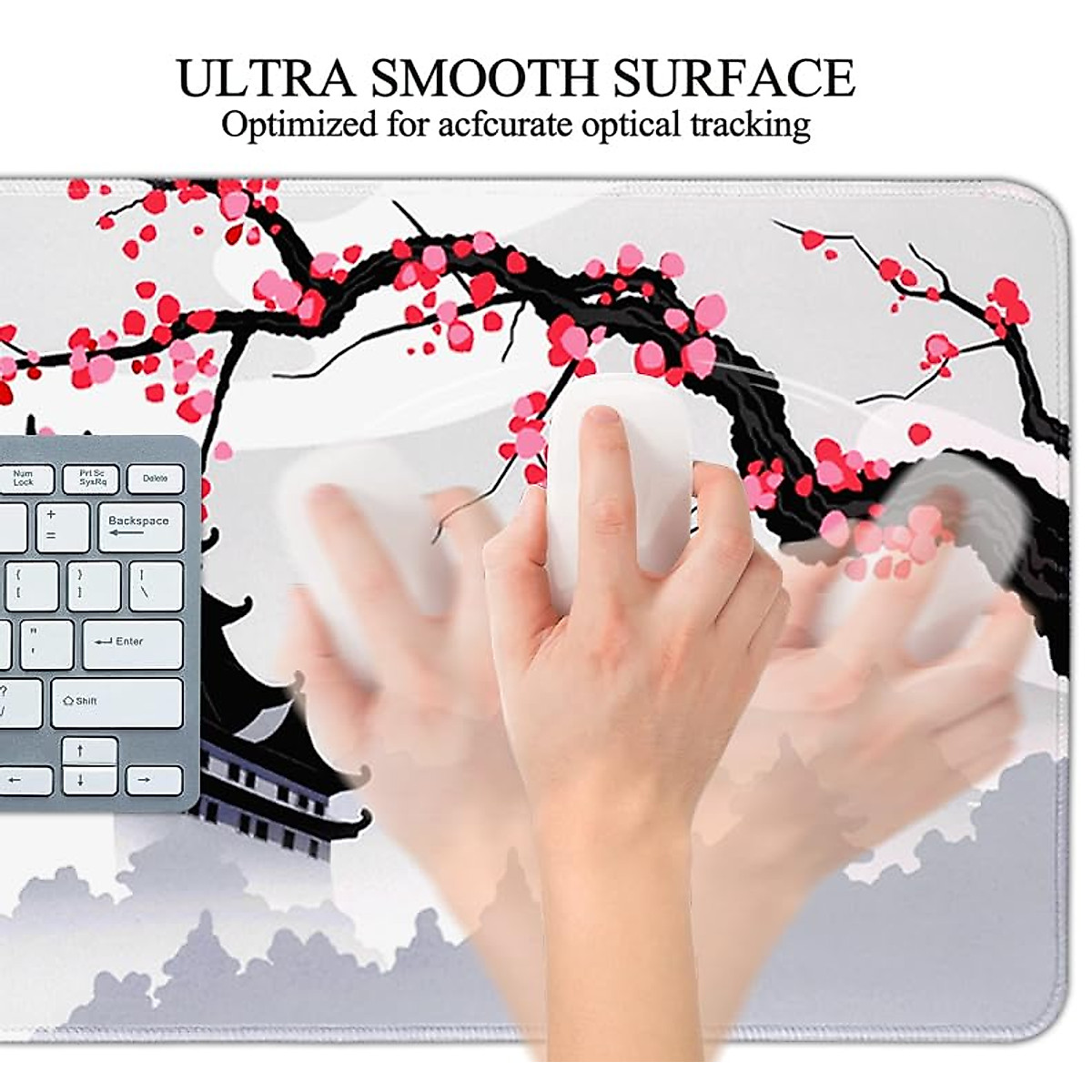 Japanese Cherry Blossom Gaming Mouse Pad 31.5x11.8in Pink Full Desk Japanese Sakura Gaming Mouse Pad Large Non-Slip Rubber Base Waterproof Big Keyboard Mat with Stitched Edges for Gaming Office