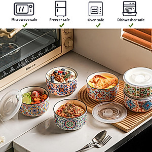 Chubacoo Ceramic Bowl with Lid: Microwave Safe Soup Containers Set of 6 for Meal Prep, Cereal, Salad, Picnic, Camping, Office Lunch, Kitchen Food Storage - 5 Inch, 20 oz, Design B