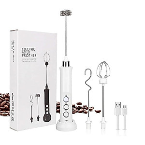 Handheld white milk frother, rechargeable, eletric- Comes with 3 interchangeable heads, stand, charging cable. Use for (milk, cappuccino, frappe, matcha, hot choclate, and so much more)