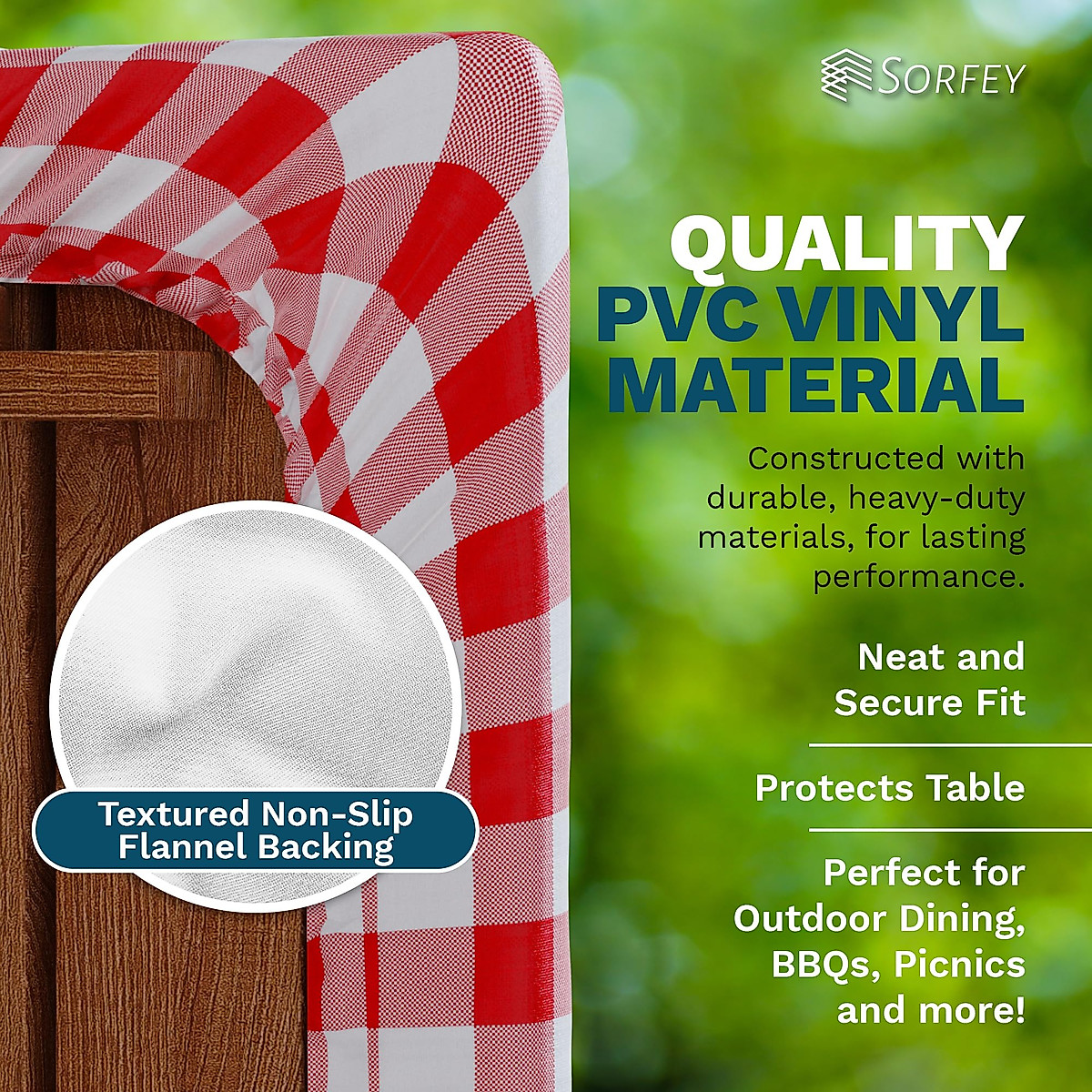 Sorfey Vinyl Umbrella Picnic Table and Bench Fitted Tablecloth Cover, Checkered Design, Flannel Backed Lining, 30x72 Inch, 3-Piece Set, Blue