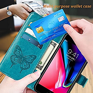 Compatible for iPhone 8 Wallet Case,iPhone 7 Case,iPhone SE 2022 Case,iPhone SE 2020 Case,6/6S Case,[Kickstand][Wrist Strap][Card Holder Slots] Butterfly Floral Embossed PU Leather Flip Cover (Blue)