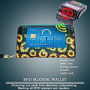ENYISDAN Wristlet Wallets for Women Sunflower RFID Blocking Leather Zip Cute Long Purse Clutch