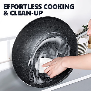 MICHELANGELO Nonstick Wok with Lid, Hard Anodized Wok Pan, Induction Wok 12 Inch, Large Wok Pan with Flat Bottom, Cooking Wok with Steamer Rack & Fry Basket, Woks and Stir Fry Pans - 5 Quart