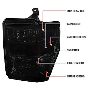 Carpartsinnovate For 08-10 Ford F250 F350 F450 Pickup Smoke Lens Headlights Head Lamp Set Left+Right