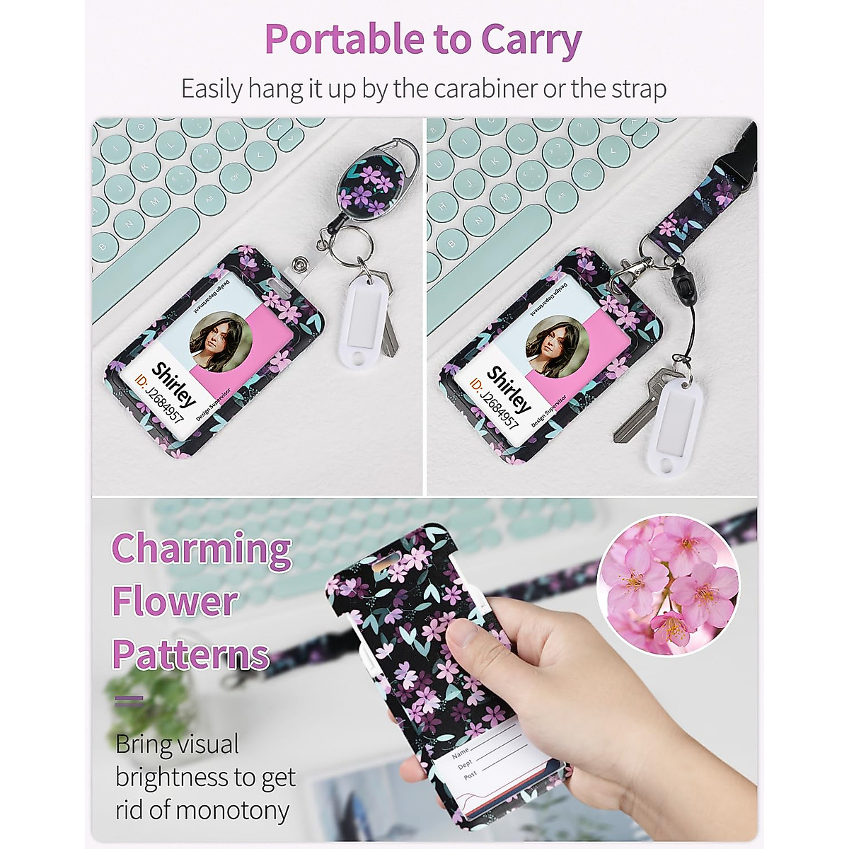 Uniclife Floral Sliding Badge Holder Purple Flower Plastic Case with Retractable Badge Reel Carabiner Clip & Detachable Lanyard Strap Fashionable Vertical Card Protector for Women Teacher Student