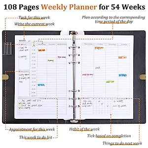 Daily Planner Undated, A5 Planner Weekly and Monthly to Do List Notepad PU Leather Appointment Book Cute Work Planner Binder with 24pcs Gift Stickers Habit Tracker