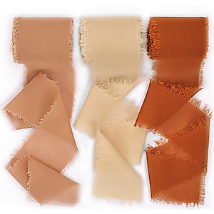 Socomi Handmade Fringe Chiffon Silk Ribbon 1-3/4" x 7Yd 3 Rolls Frayed Ribbon Set for Wedding Invitations Bridal Bouquets Terracotta