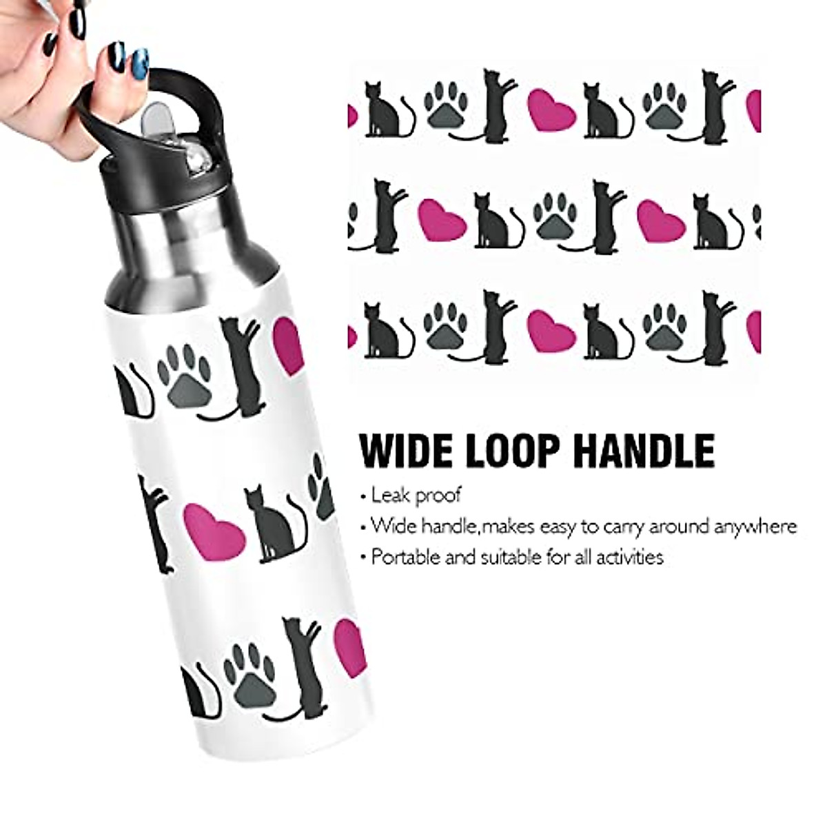 Yasala Water Bottle Black Cat Pink Heart Cute Coffee Thermos Stainless Steel Insulated Beverage Container 20 oz with Straw Lid BPA-Free for Sport, Travel, Camping, Back to School
