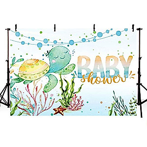 MEHOFOTO 7x5ft Ocean Baby Shower Photography Backdrop Under The Sea Sea Turtle Boy Party Decoration Starfish Ocean Theme Baby Shower Photo Studio Booth Background Banner for Cake Table Supplies