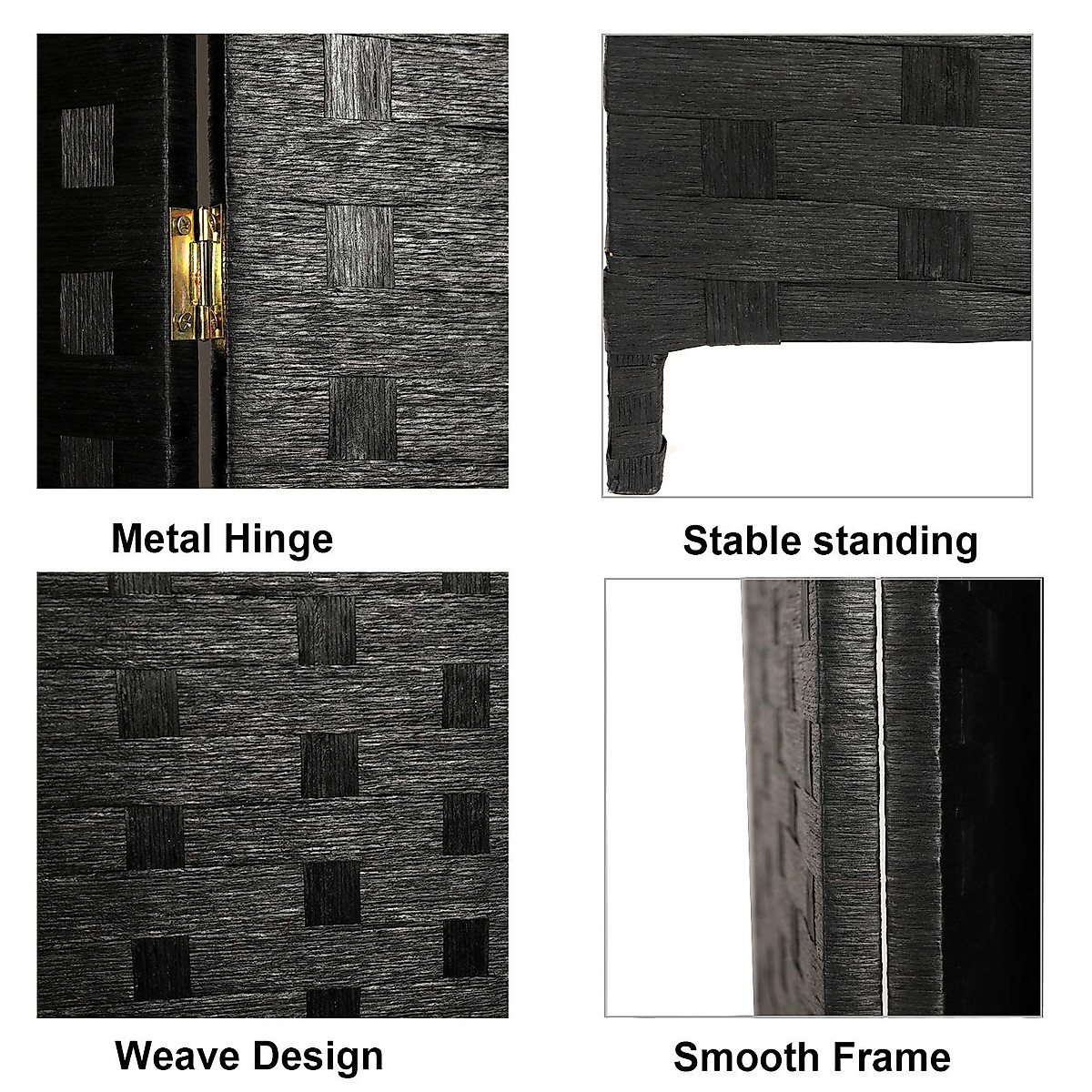 Folding Room Screen Divider Hand-Woven Design Room Divider 6ft High Fiber Free-Standing Privacy Screen Suitable for Living Room and Study (Black, 4 Panels)