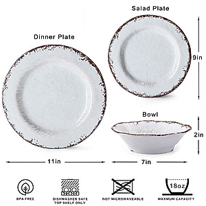 LEHAHA Vintage White Melamine Dinnerware set-12 Piece Lightweight Unbreakable Outdoor Camper Plates/Dishes and Bowls Set, Service for 4, Dishwasher Safe…