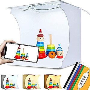DUCLUS Adjustable Light Photo Studio Box, Mini Photo Light Box, Portable Photography Lighting softbox 6 Color Backdrop kit with Ring White Light 6500K Warm Light 3200K 24cm x 23cm x 23cm