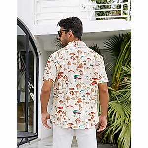 PAODIKUAI Mushroom Shirts for Men Hawaiian Short Sleeve Button Down Cute Mushroom Printed Shirt (Mushroom Yellow, Large)