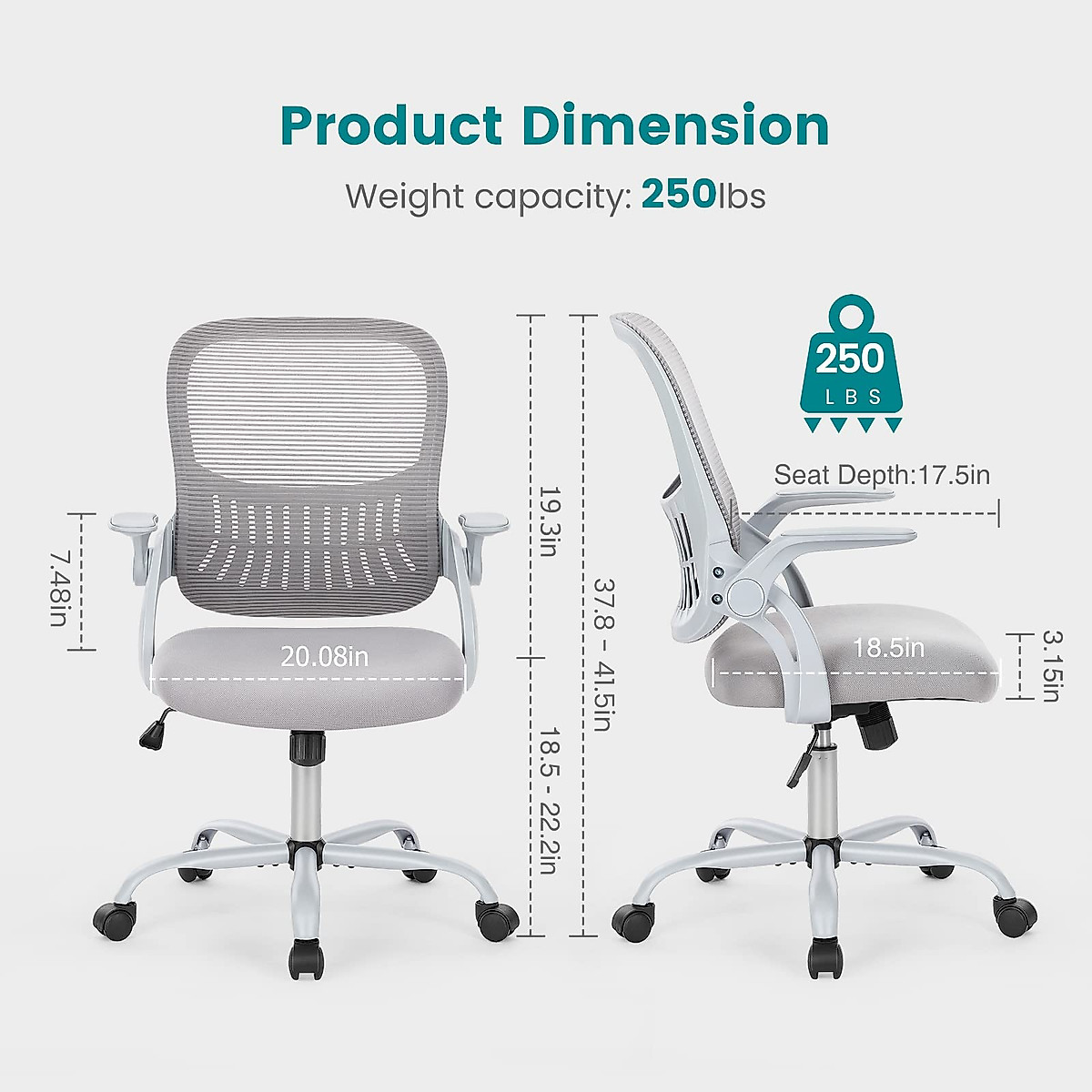 SMUG Home Office Desk Chair, Ergonomic Computer Managerial Executive Chairs Mid-Back Work Swivel Task Chairs with Wheels, Lumbar Support, Comfy Flip-up Armrest for Gaming, Study, Student