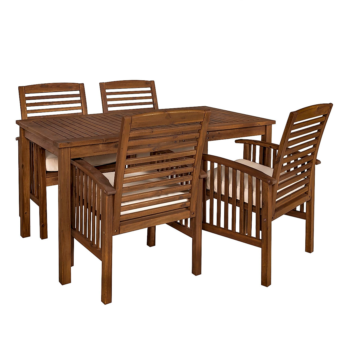 Walker Edison Rendezvous Modern 5 Piece Solid Acacia Wood Outdoor Dining Set, Set of 5, Dark Brown