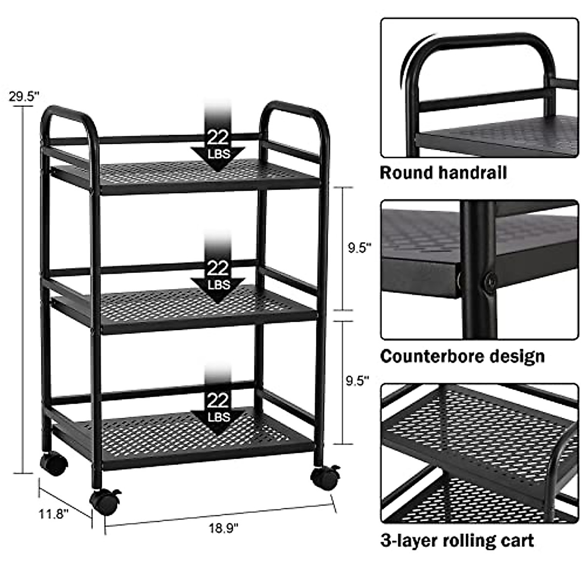 HDANI 3 Tier Rolling Cart,Heavy Duty Multifunctional Metal Frame-Supports 40 Lbs Per Tier,Rolling Cart with 2 Lockable Wheels for Office,Home,Bedroom,Kitchen,Bathroom (Black)