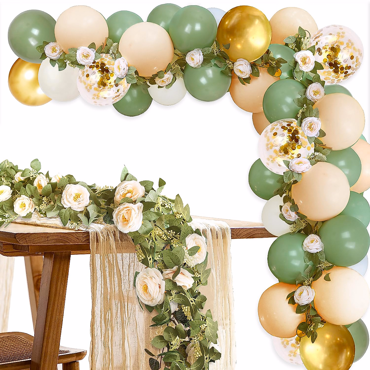 pugkloy 6.56ft Artificial Eucalyptus Garland with Fake Rose Flower Vine Seeded Eucalyptus Leaves and Sage Green Blush Nude Balloons, for Wedding Baby Bridal Shower Birthday Safari Party Decorations