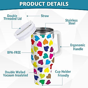 MCHIVER Colorful Hearts 40 oz Tumbler with Handle and Straw Stainless Steel Vacuum Water Bottle Leak-proof Travel Coffee Mug Insulated Tumbler with Lid