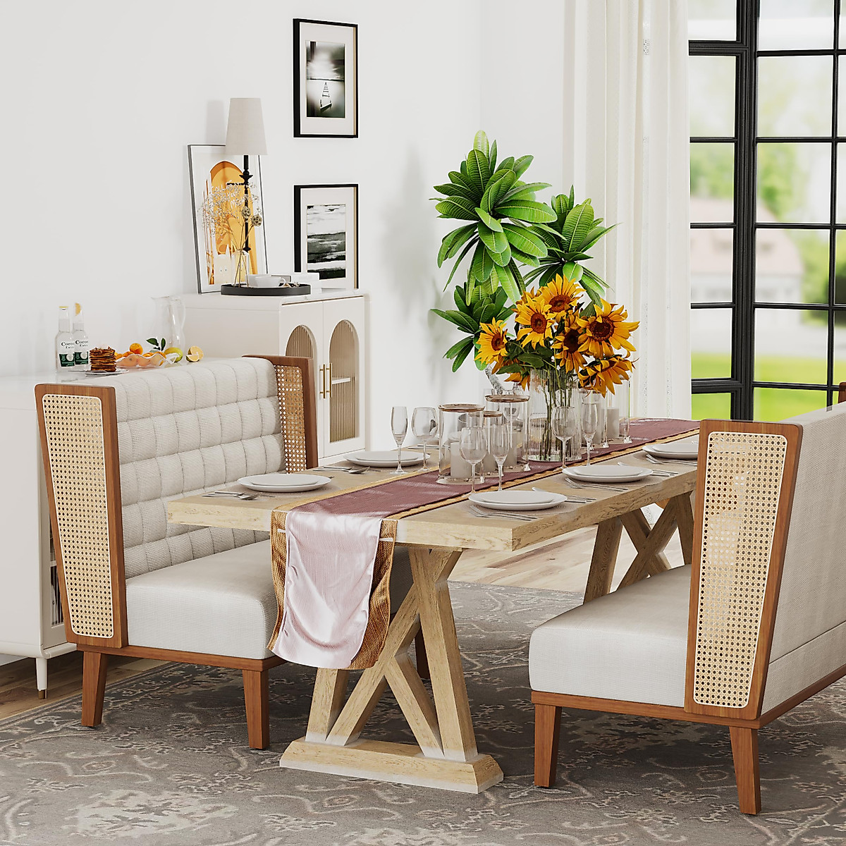 Andeworld Loveseat Settee Bench with Rattan Arms, Upholstered Modern Mini High-Back Sofa Couch,Banquette Dining Bench for Living Dining Room Bedroom Office Small Space Entryway，Beige